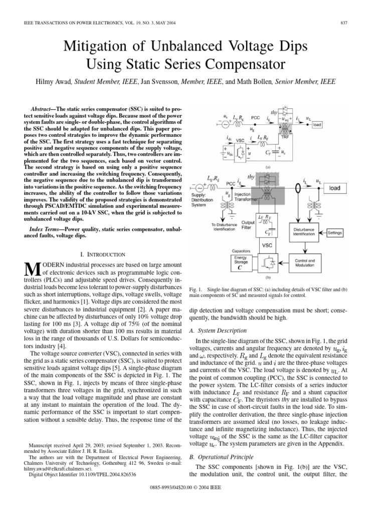 Ok Awad 2004 Mitigation of Unbalanced Voltage Dips Using Static Series Compensator | PDF ...