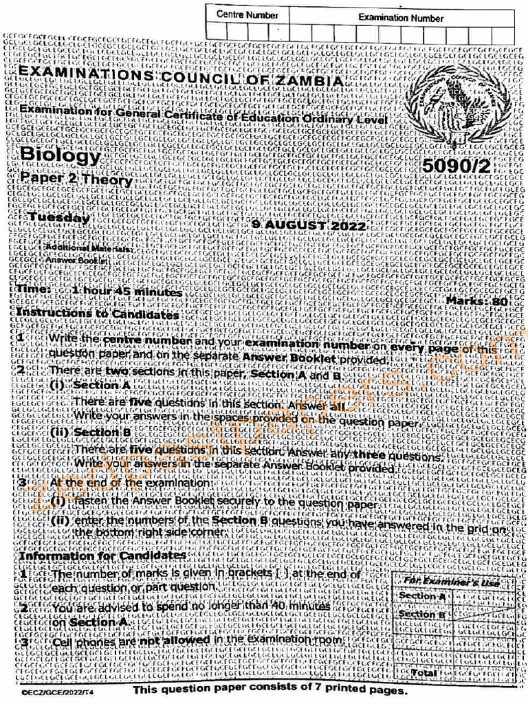 Watermarked - Biology Paper 2 2022 G12 GCE | PDF