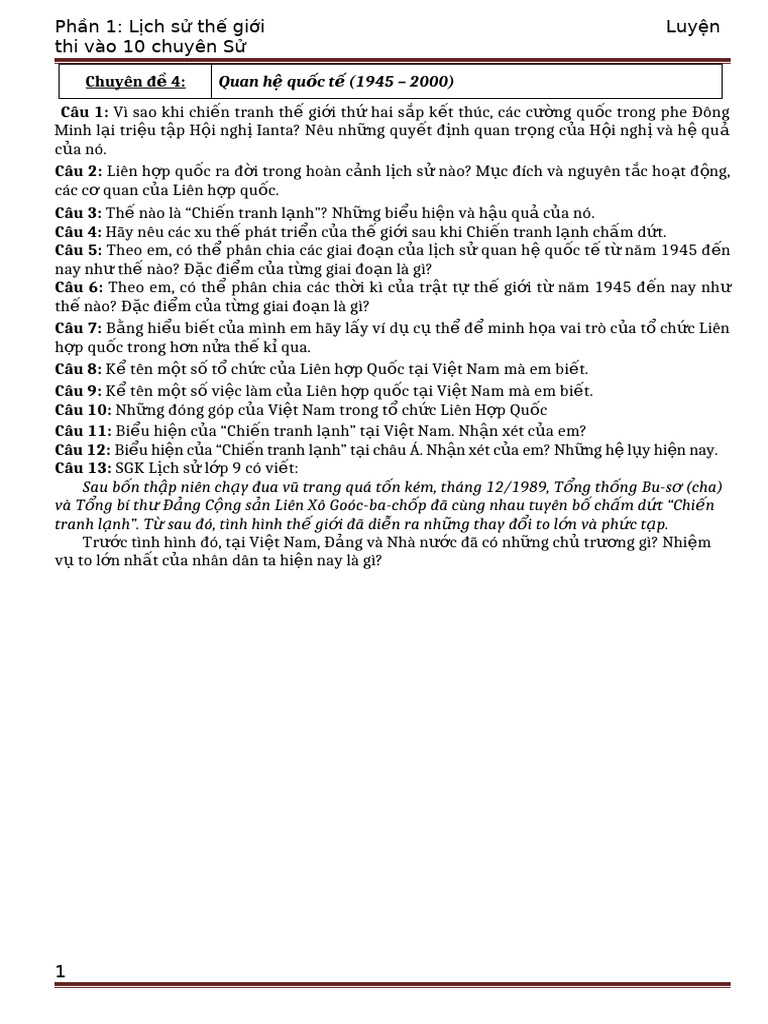 Câu Hỏi Chủ Đề 4 Lstg - Quan Hệ Quốc Tế Sau Cttg II | PDF