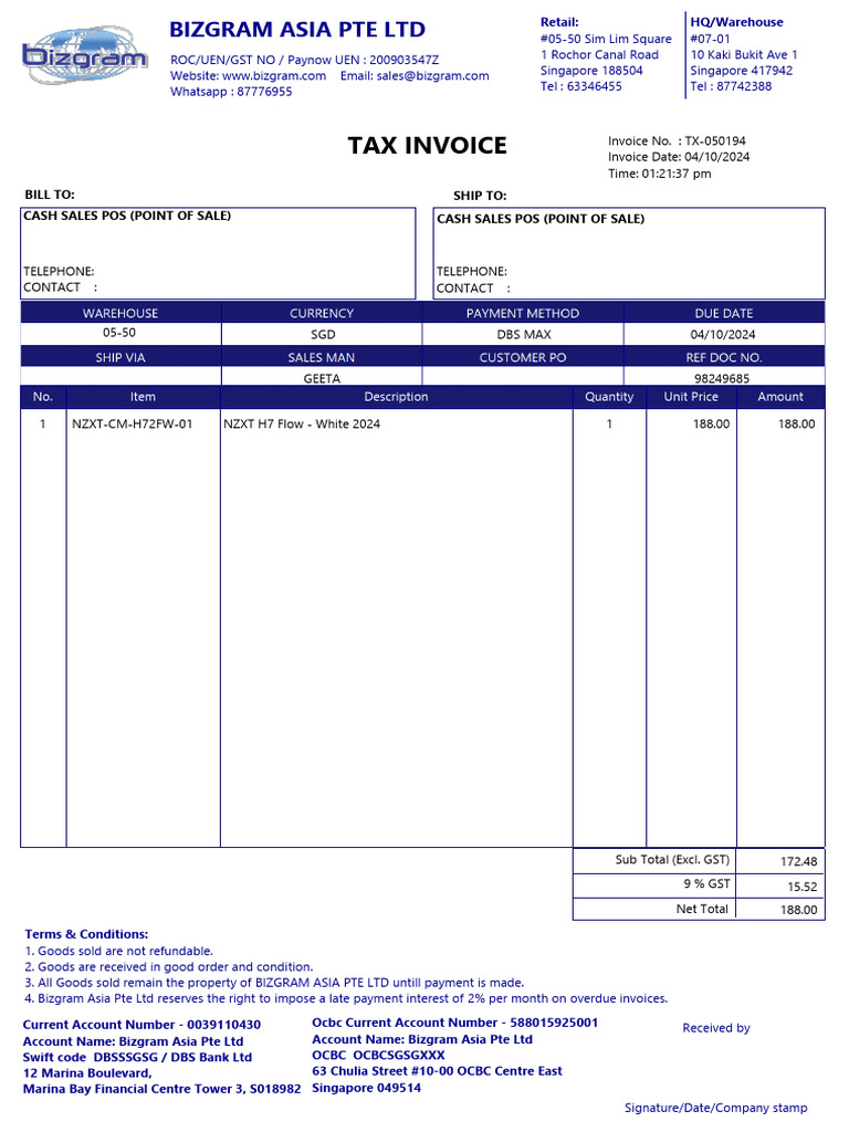 Sales Invoice for Bizgram Asia Pte Ltd | PDF | Invoice | Point Of Sale