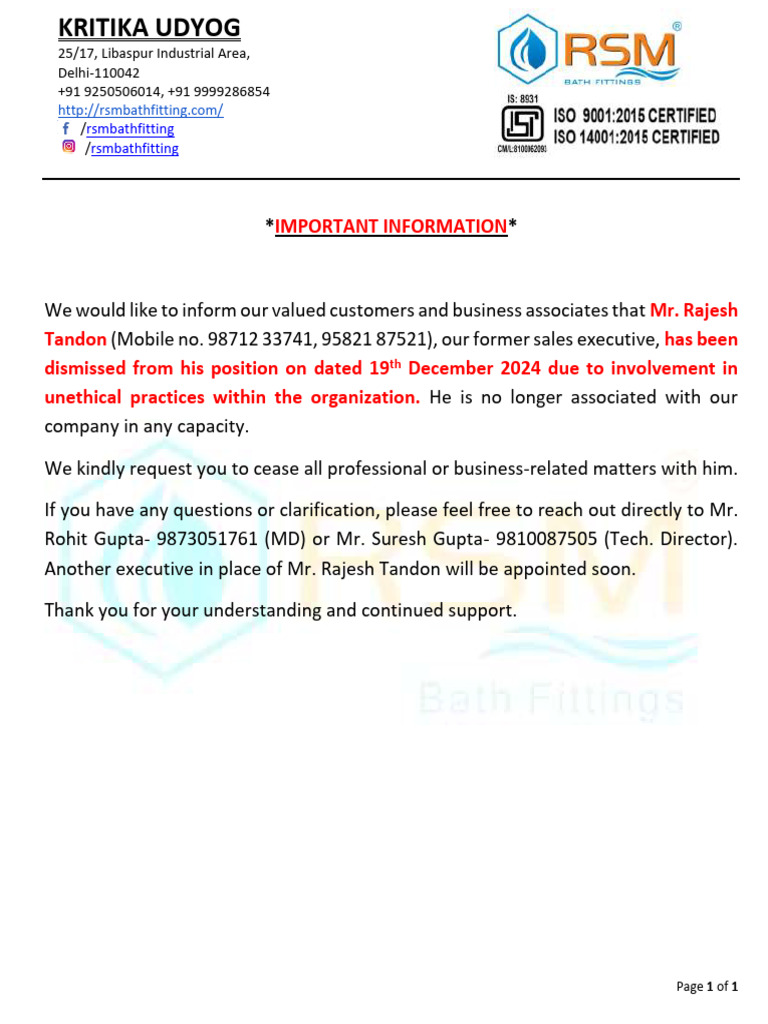 RSM Important Information | PDF