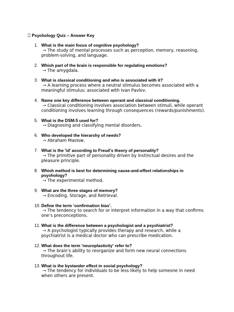 ? Psychology Quiz - Answer Key | PDF