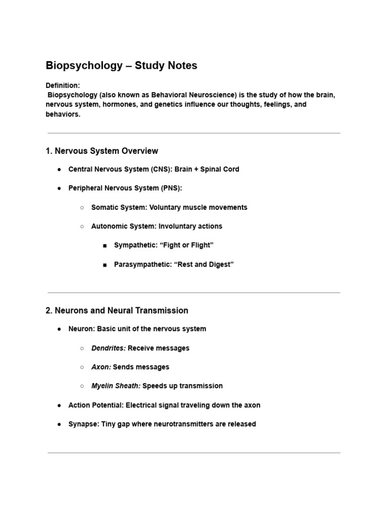 Biopsychology Study Notes Overview | PDF | Nervous System | Central ...