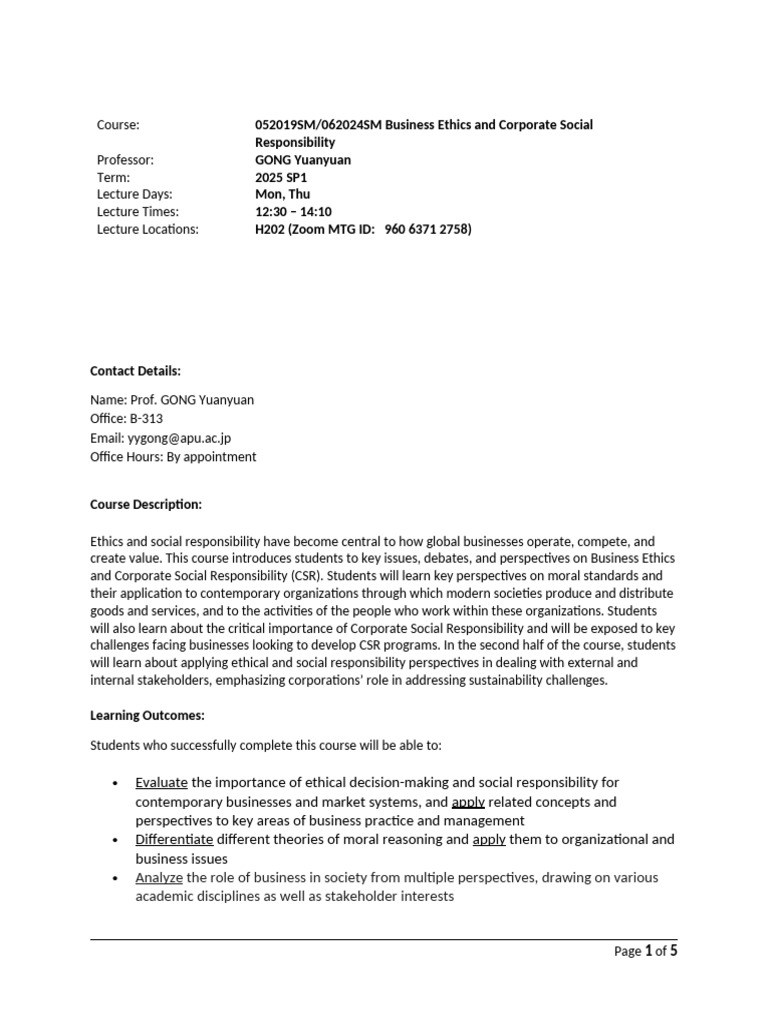 Business Ethics & CSR Course Overview | PDF | Corporate Social ...