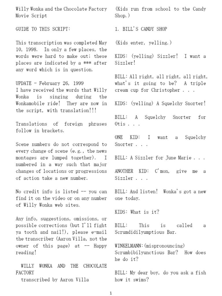 Willy Wonka Script Pdf Foods