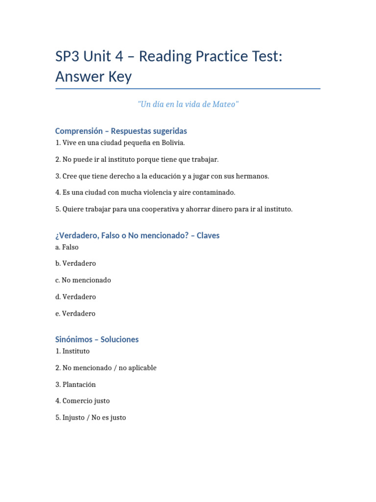 Respuestas Prueba de Lectura SP3 Unit 4 | PDF
