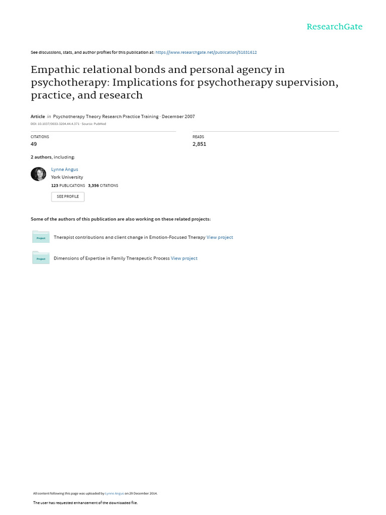 Empathic Relational Bonds and Personal Agency in Psychotherapy: Implications For Psychotherapy ...