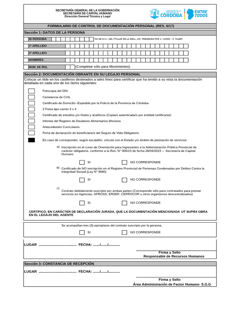 Formulario de Control de Documentacion Personal Res 6 - 17 | PDF
