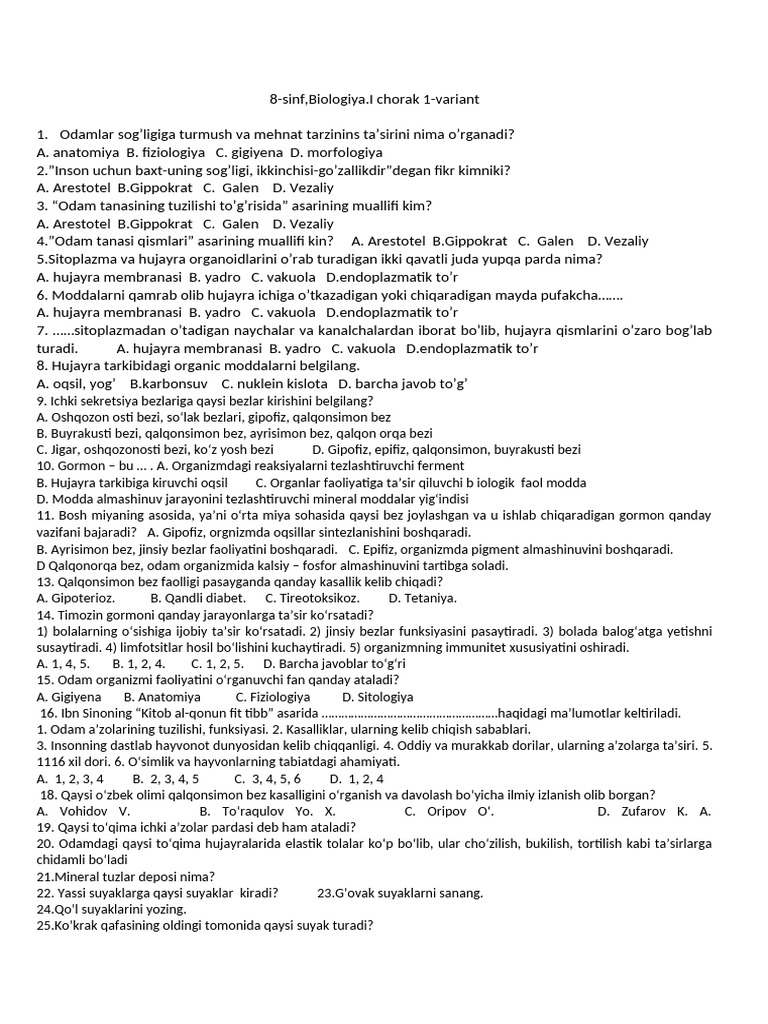 8-Sinf Biologiya Choraklik Variantli Test | PDF
