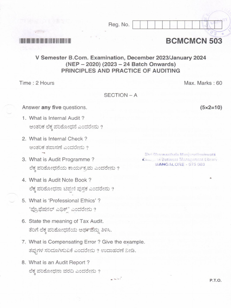 BCOM V Semester Principles and Practice of Auditing NEP Jan 2024 | PDF