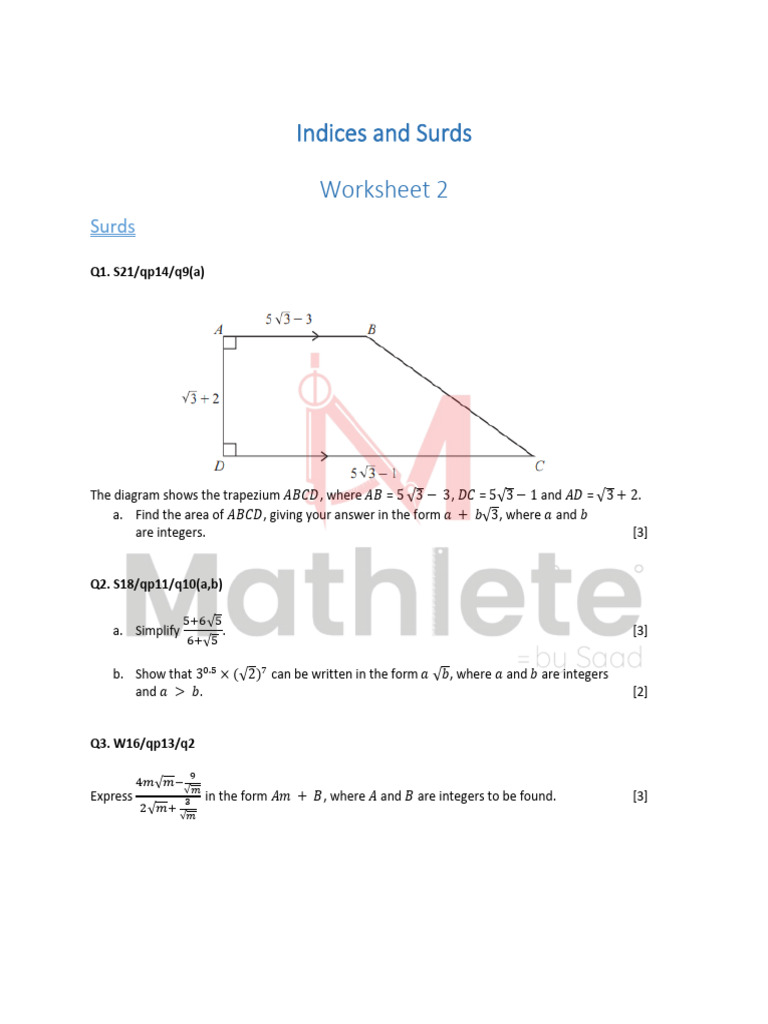 Indices and Surds Worksheet 2 | PDF | Elementary Geometry | Euclidean ...