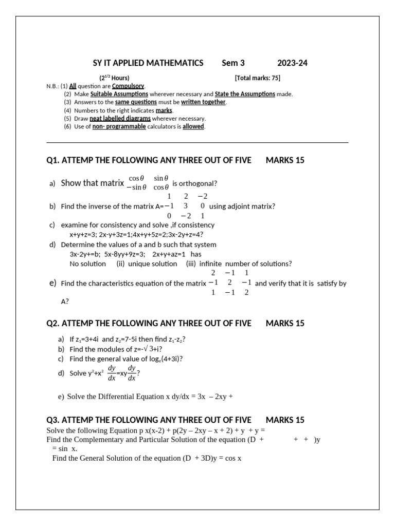SAT Applied Mathematics Exam 2023-24 | PDF | Matrix (Mathematics ...