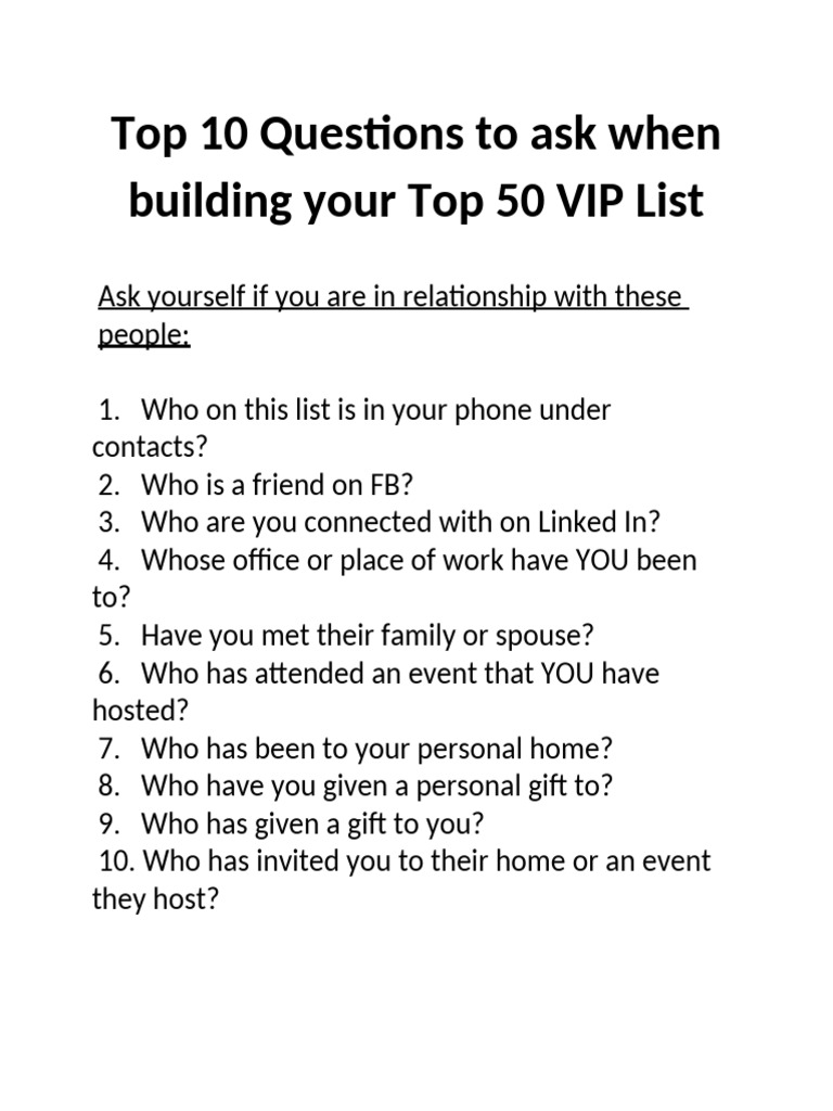 Questions for Building Your VIP List | PDF