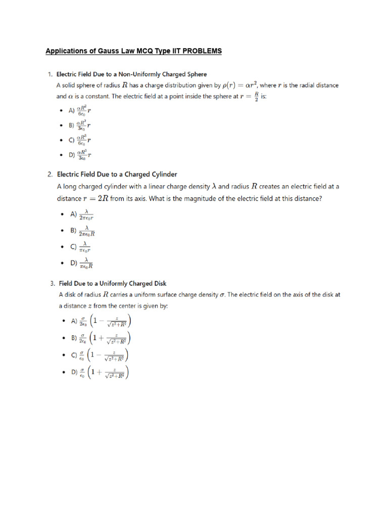 Applications of Gauss Law MCQ Type IIT PROBLEMS | PDF