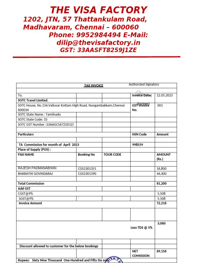 Tax Invoice for SOTC Travel Services | PDF