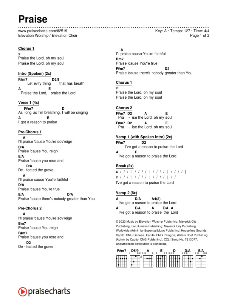 Praise (Elevation Wo... ) Chord Chart - A - 2 Column Layout | PDF ...