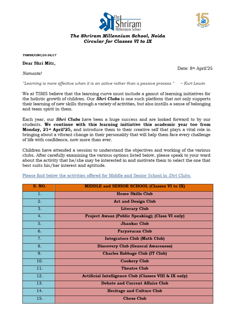 Shriram School Clubs Circular 2025 | PDF | Learning | Cognition