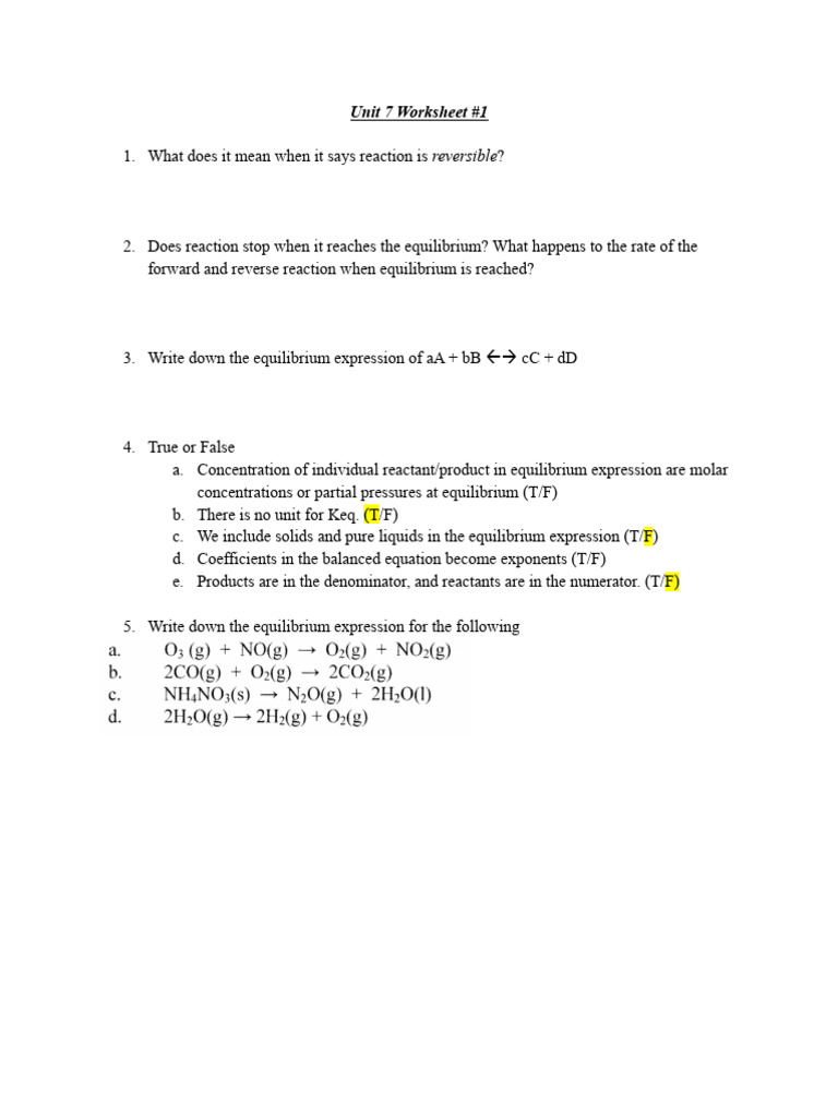Ap Chem Unit 7 Worksheet 2 | PDF | Chemical Equilibrium | Ph