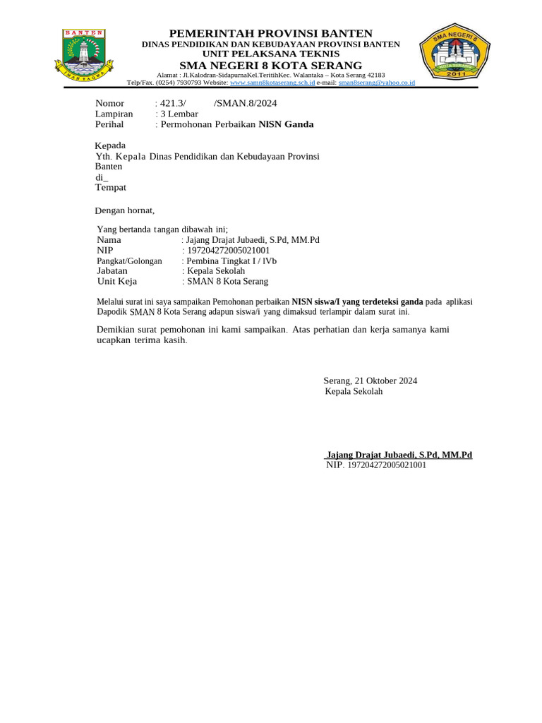 Surat permohonan NISN GANDA FIXX | PDF