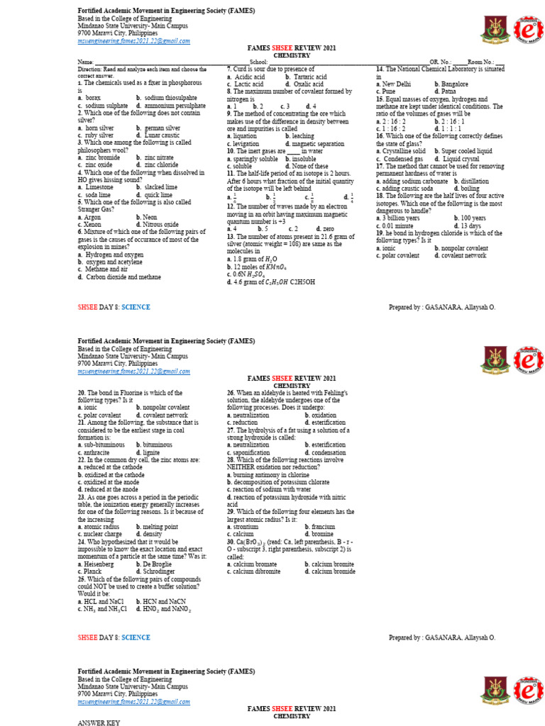 SHSEE Day8 SCIENCE Withanswer | PDF | Chemical Polarity | Covalent Bond