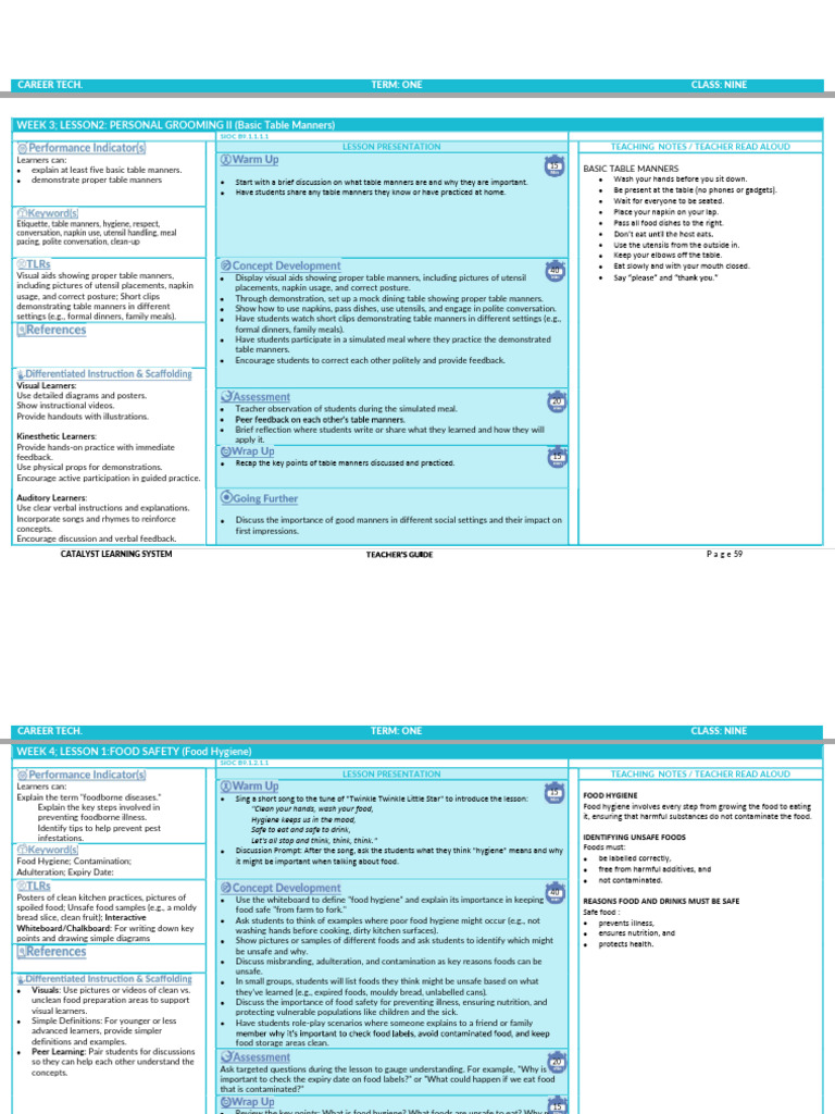 17 AVA CAREER TECHNOLOGY 1st Term LESSON PLAN TERM 1 BASIC 9 | PDF | Food Safety | Foodborne Illness