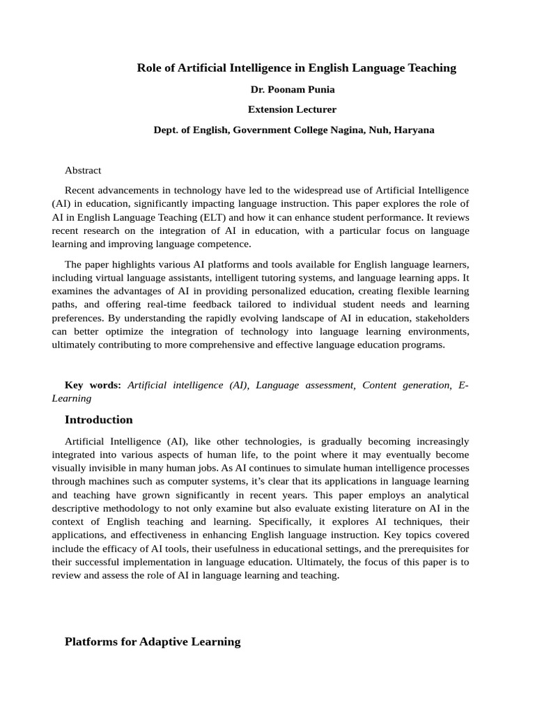Role of Artificial Intelligence in English Language Teaching | PDF ...