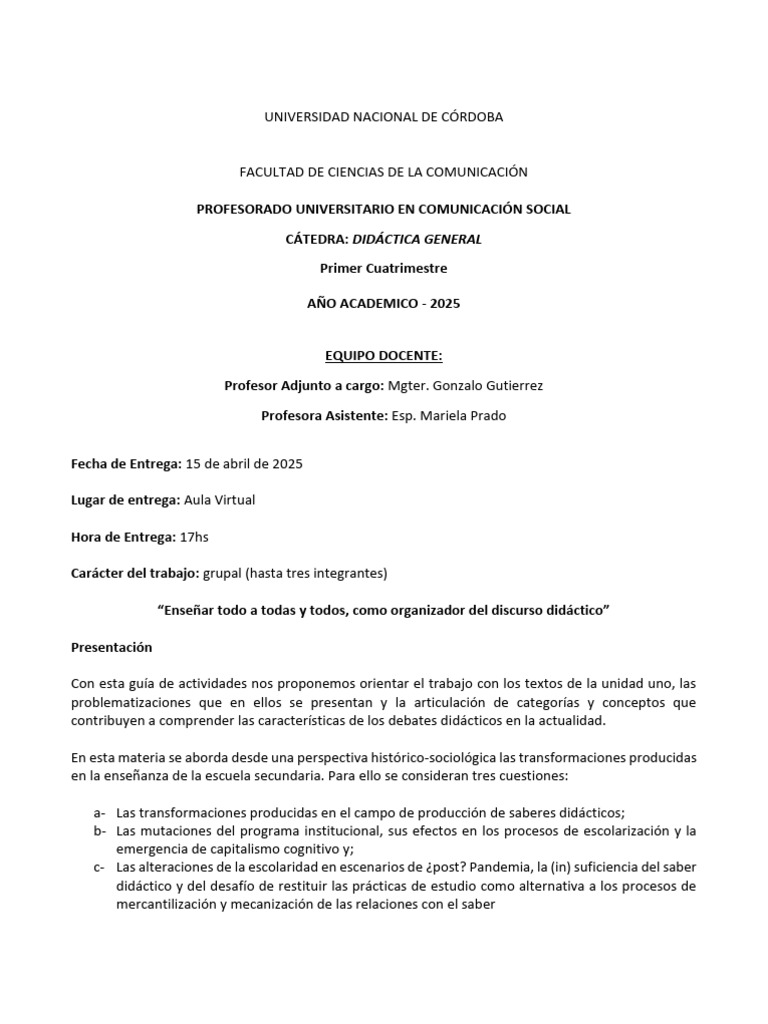 TP1. Didáctica General. FCC. 2025 | PDF | Enseñando | Maestros