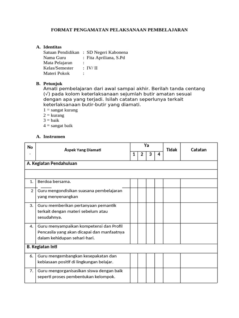 fix FORMAT PENGAMATAN KBM MERDEKA | PDF