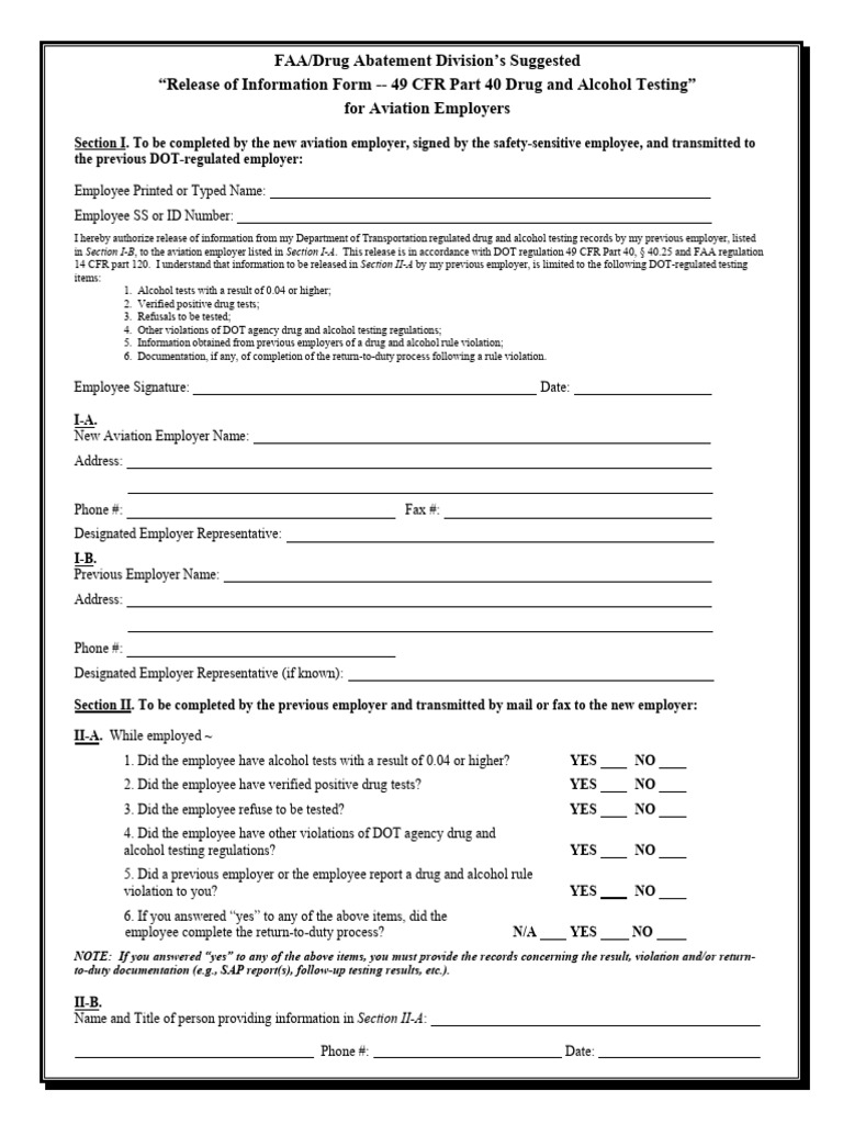 FAA Drug Testing Release Form for Employers | PDF | Federal Aviation ...