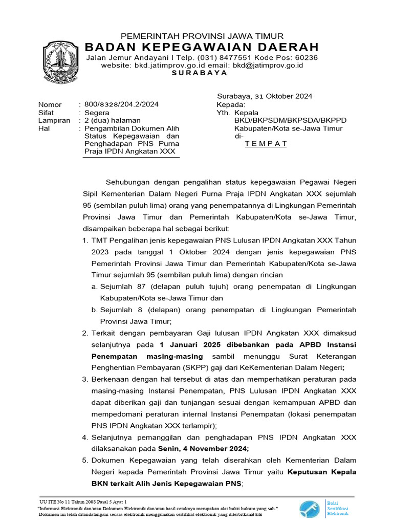 Surat BKD ke Instansi - Pengambilan Dokumen Kepegawaian IPDN Angkatan XXX (1 Nov 2024) dan ...