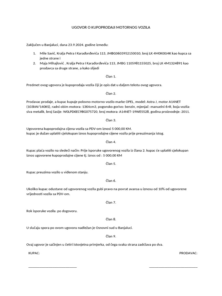 UGOVOR O KUPOPRODAJI MOTORNOG VOZILA | PDF
