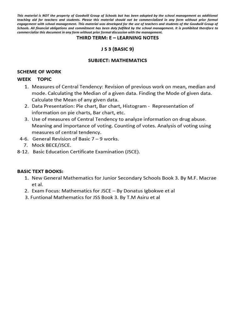 Third Term jss3 Mathematics | PDF | Mean | Voting