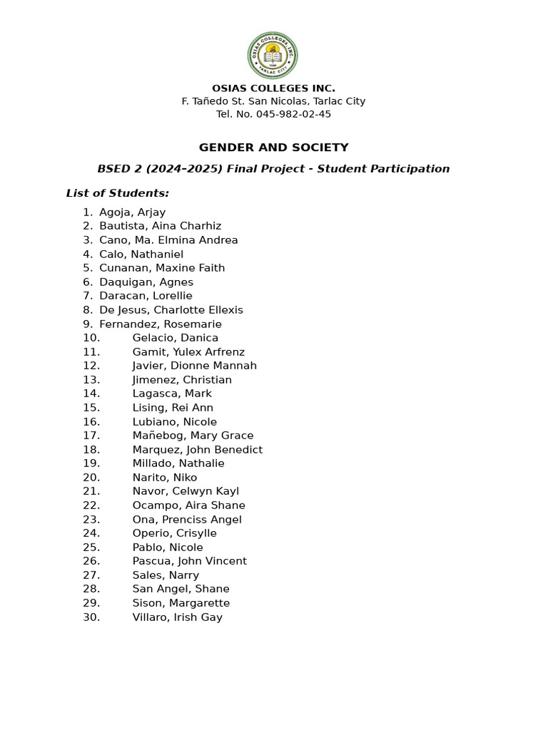 BSED 2 (2024-2025) Final Project - Student Participation List of Students | PDF