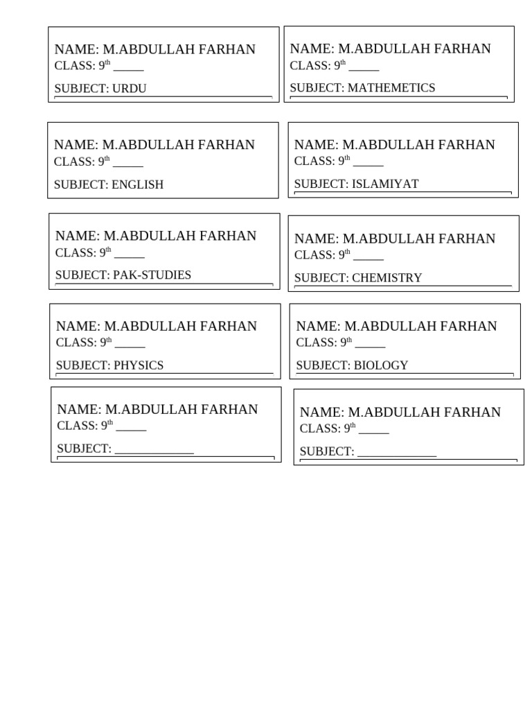 9th Grade Subjects List for M. Abdullah Farhan | PDF