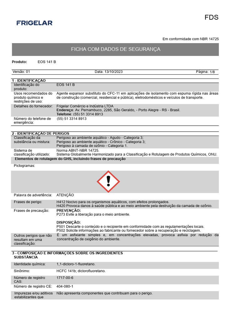 Ficha de Segurança do Produto EOS 141 B | PDF | Oxigênio