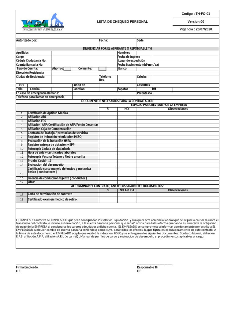 TH-FO-01 Lista de chequeo personal | PDF
