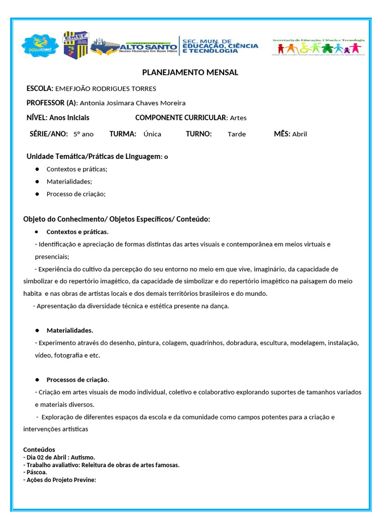 Plano Mensal de Artes - Abril | PDF | Danças | As artes