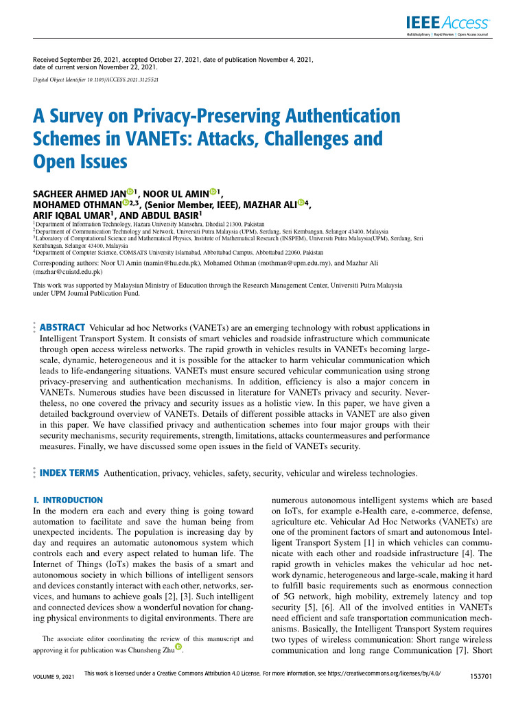 A Survey On Privacy-Preserving Authentication Schemes in Vanets: Attacks, Challenges and Open ...