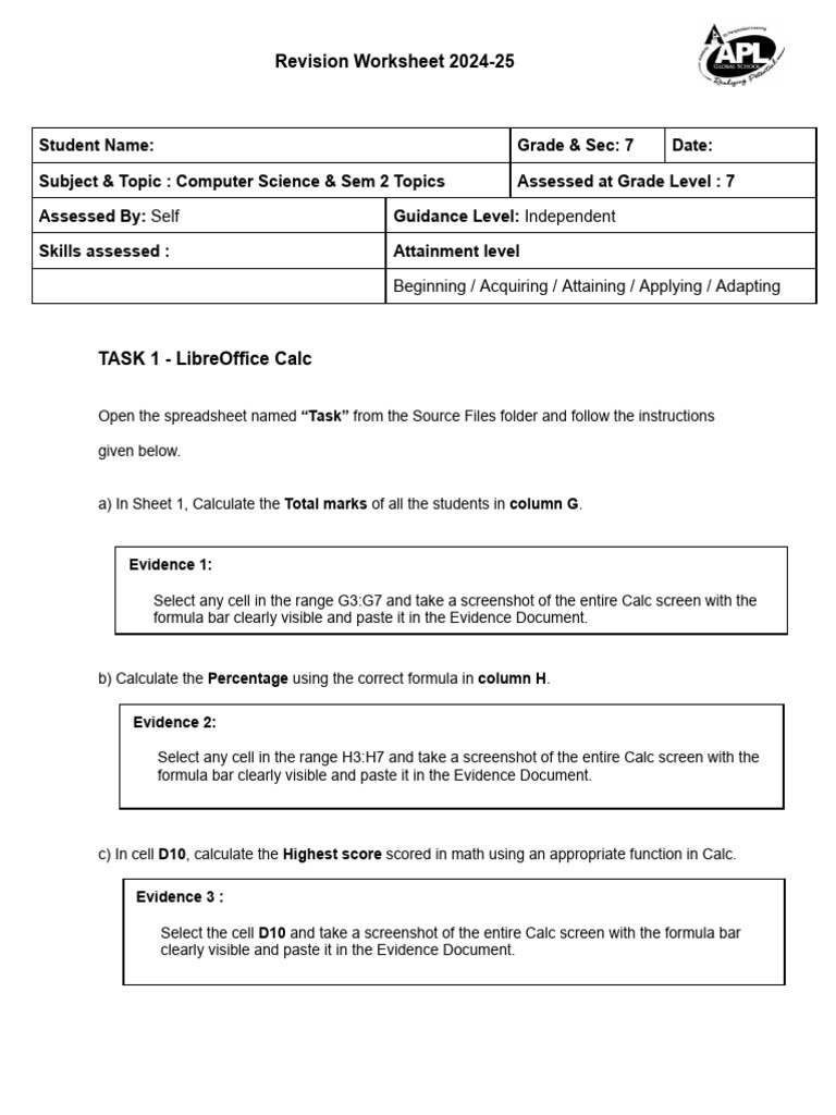 GR 7 Practicals (Revision Paper) - Sem 2 - 2024-25 | PDF | Worksheet | Spreadsheet