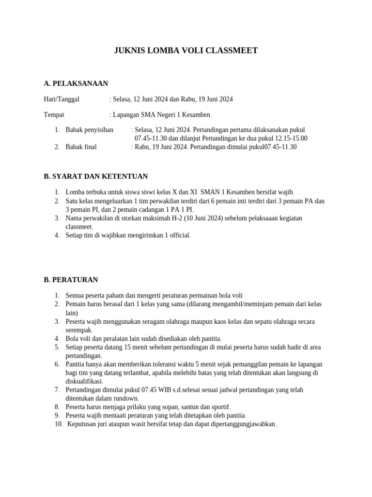 Juknis Lomba Voli Classmeet | PDF
