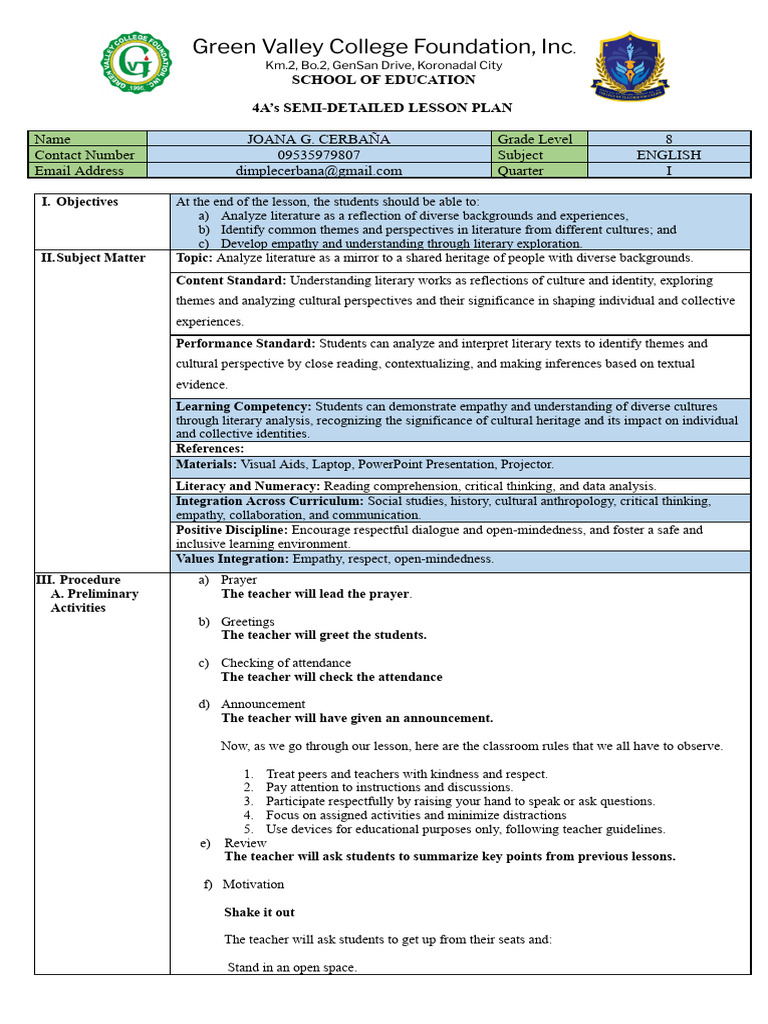 4a's Lesson Plan Format | PDF | Critical Thinking | Teachers