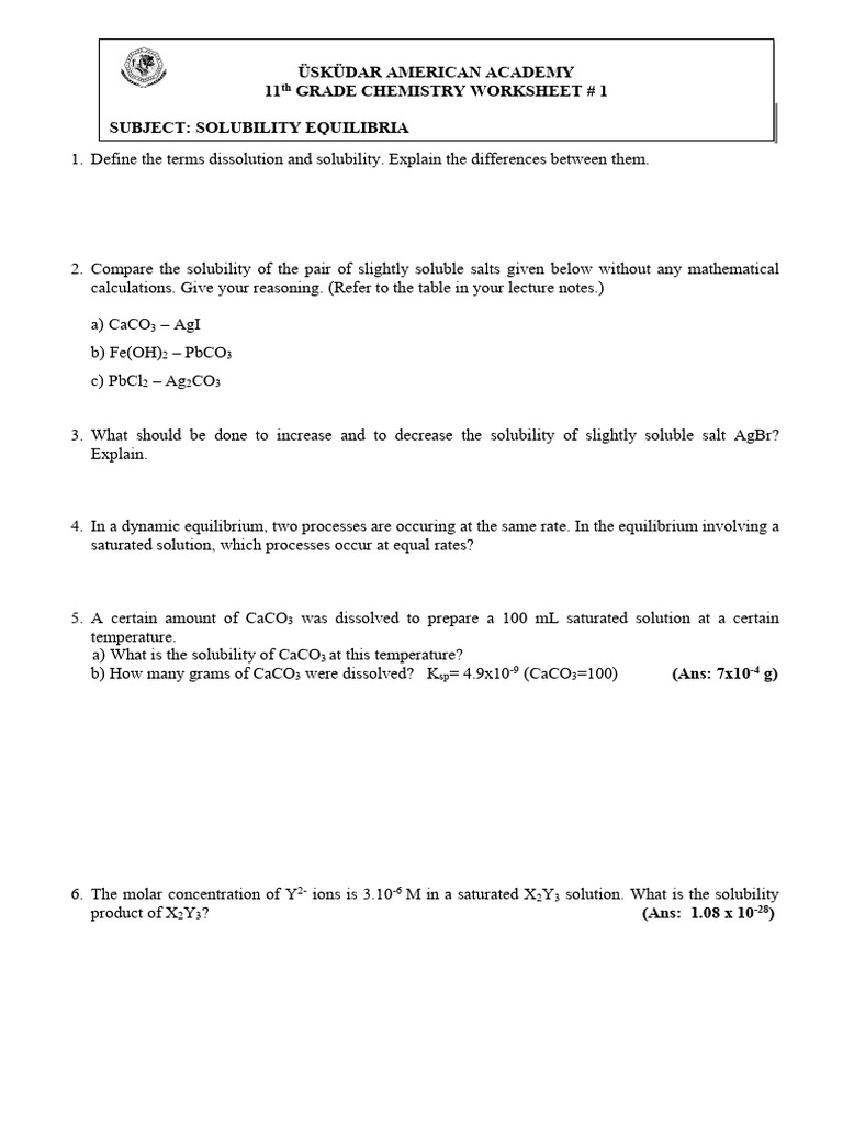 Solubility Equilibria Chemistry Worksheet | PDF | Solubility | Chemical Equilibrium