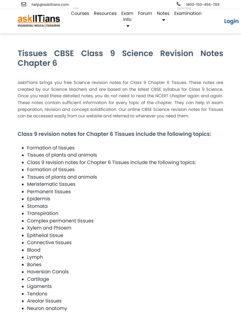 Tissues CBSE Class 9 Science Notes - Chapter 6 | PDF | Epithelium ...