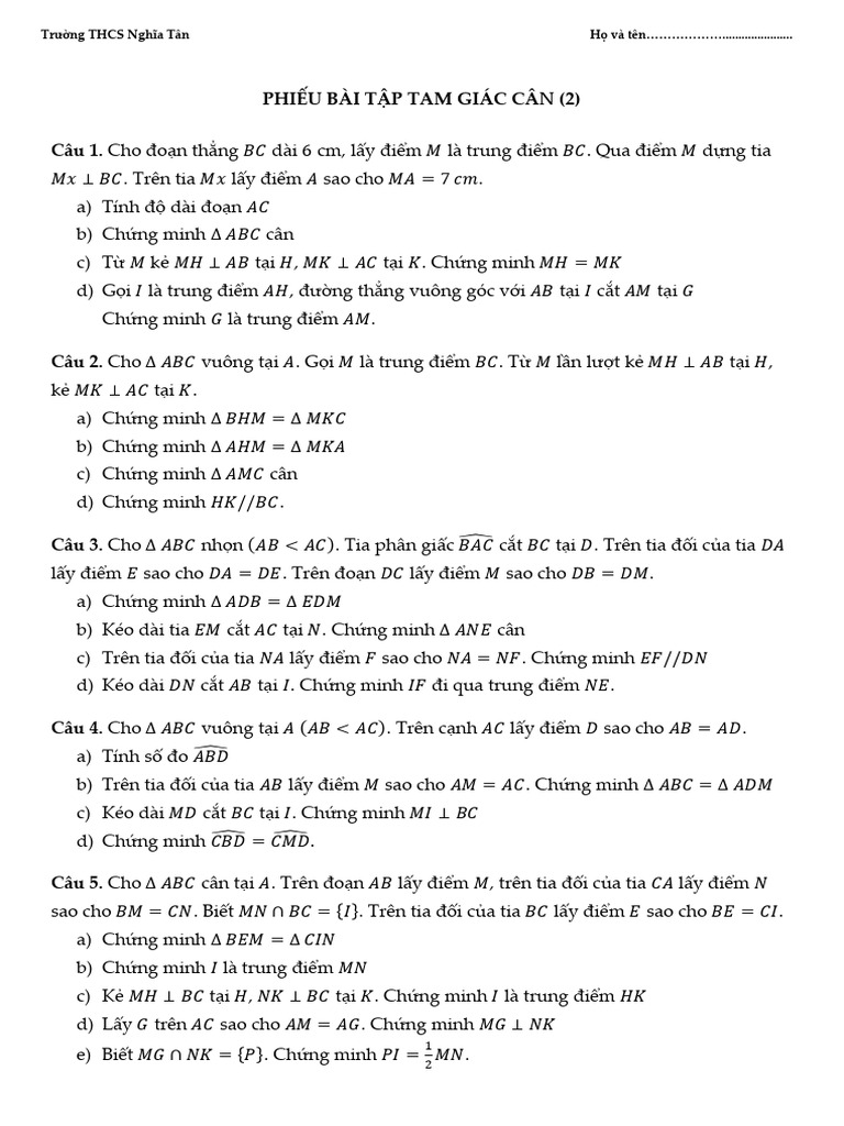 Tuần 22. Phiếu bài tập TC7 tam giác cân | PDF