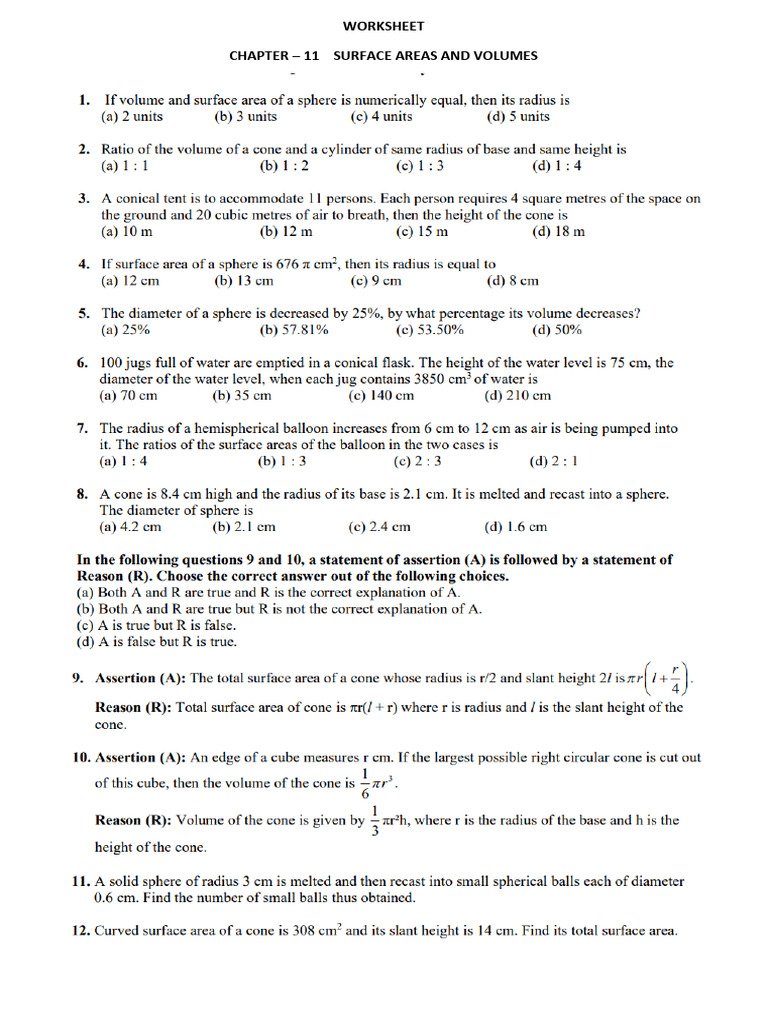 Worksheet Class 9 Surface Areas and Volumes | PDF