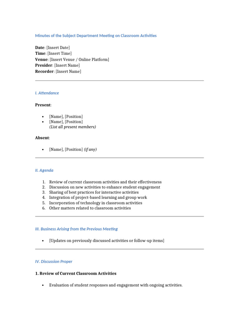 Classroom Activities Meeting Minutes | PDF | Project Based Learning ...