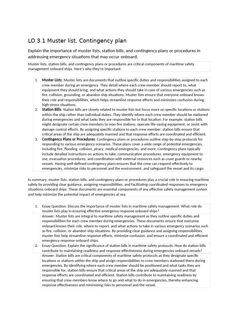 LO 3.1 Muster List Contingency Plan | PDF | Emergency | Ships
