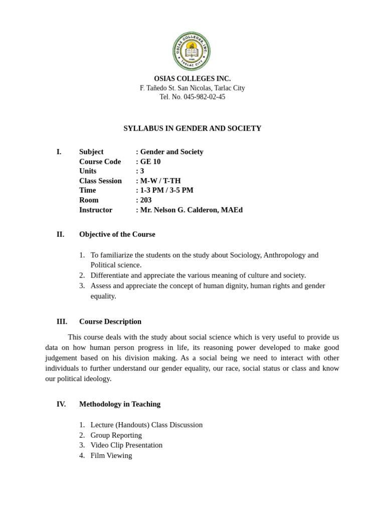 Syllabus in Gender and Society | PDF | Gender | Gender Studies