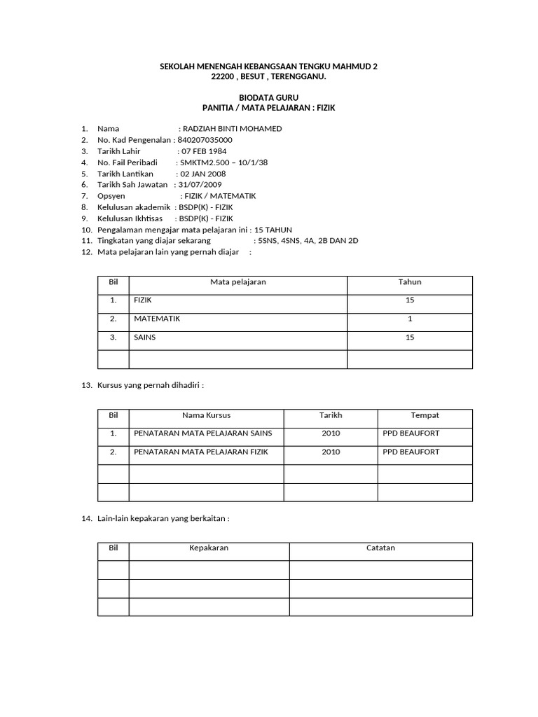 Data Peribadi Utk Fail Panitia 2025 | PDF