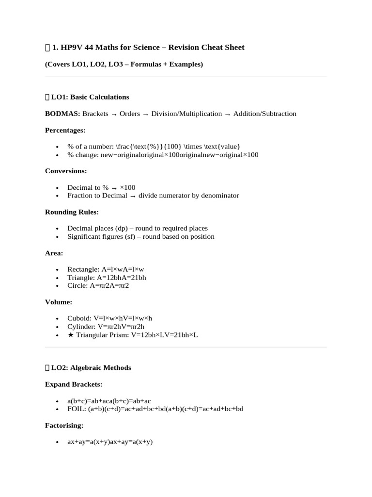 HP9V 44 Maths For Science - Revision Cheat Sheet: (Covers LO1, LO2, LO3 ...